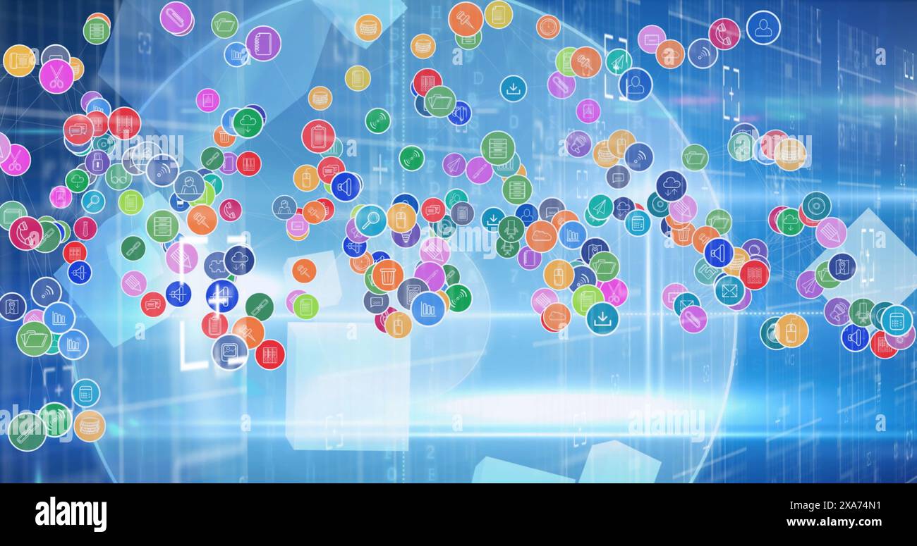 Image of network of multiple digital icons over light trails and spots ...