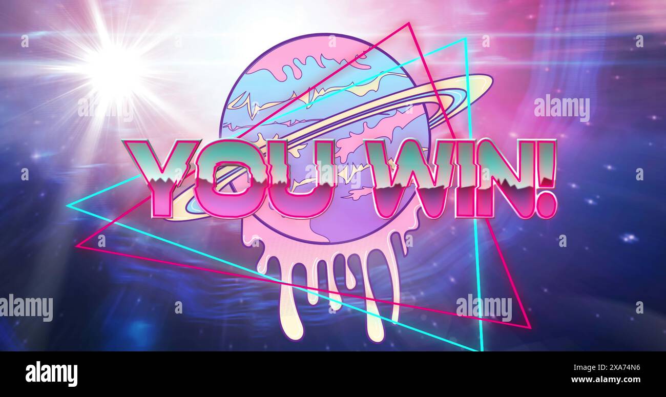 Image of you win text in metallic letters over pink and blue triangles ...