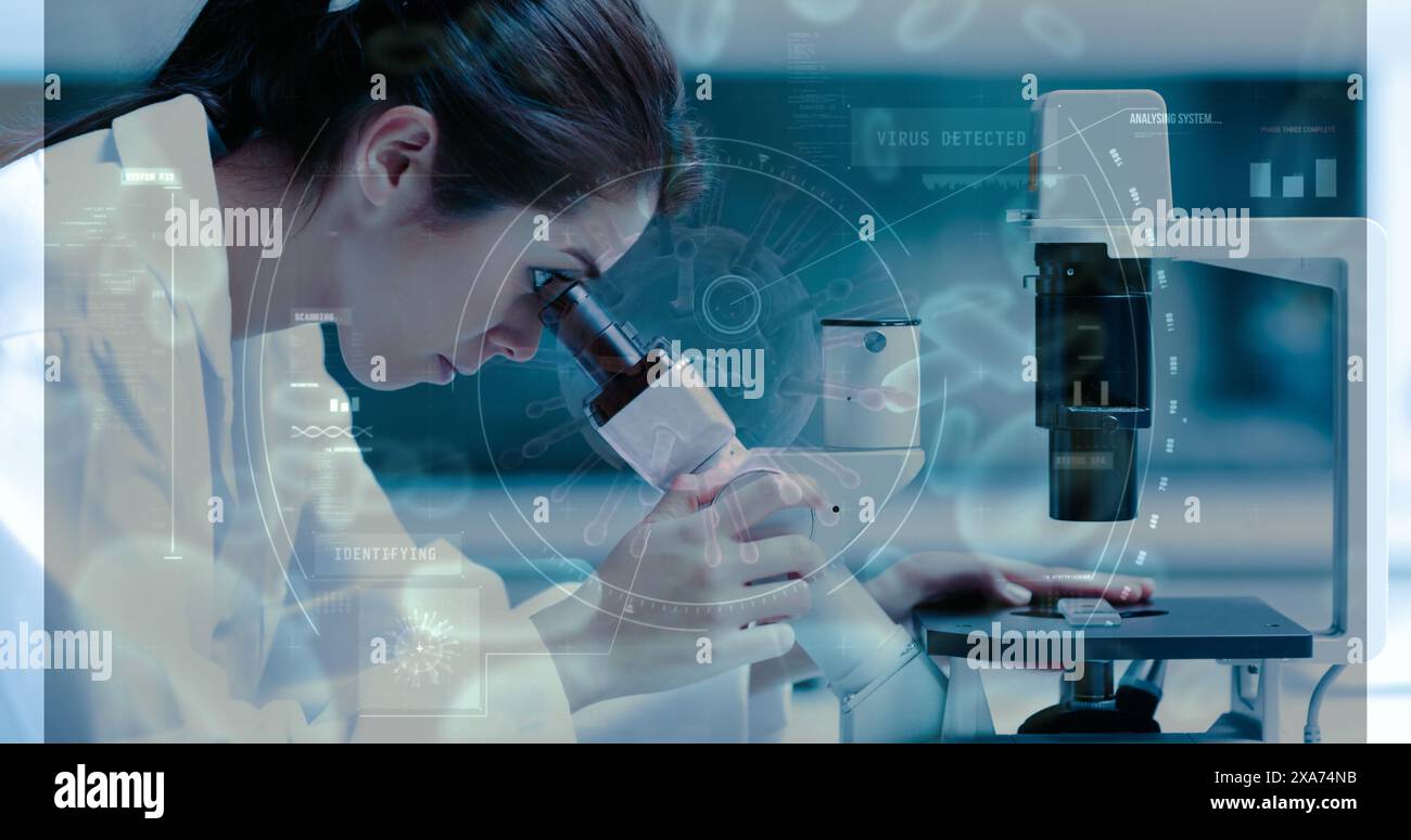 Image of female scientist looking into a microscope combined with ...