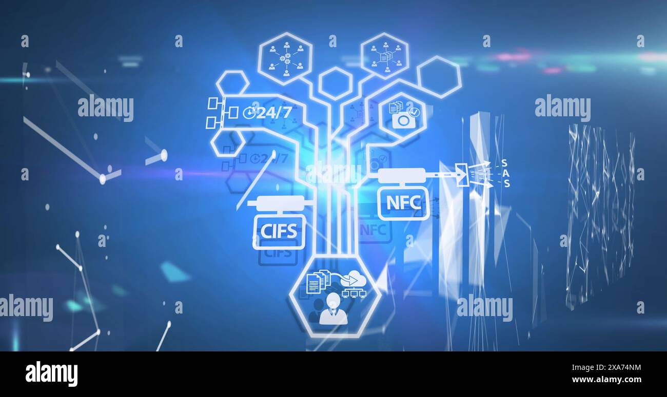 Image of multiple digital icons over screens of network of connections ...