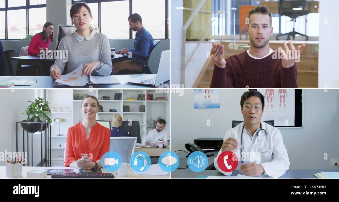 Image of digital interface on laptop screen with people talking on ...