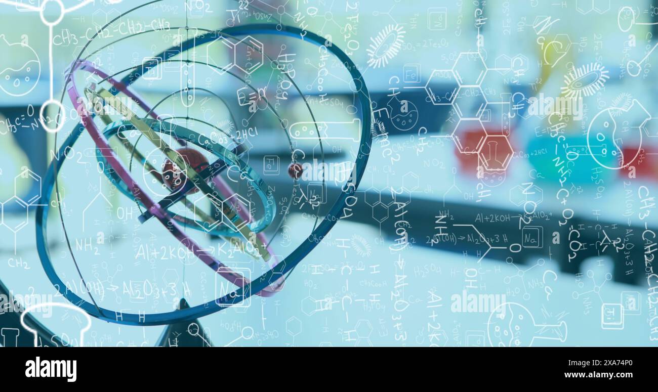 Image of chemical compounds and scientific formulas over atom model in ...