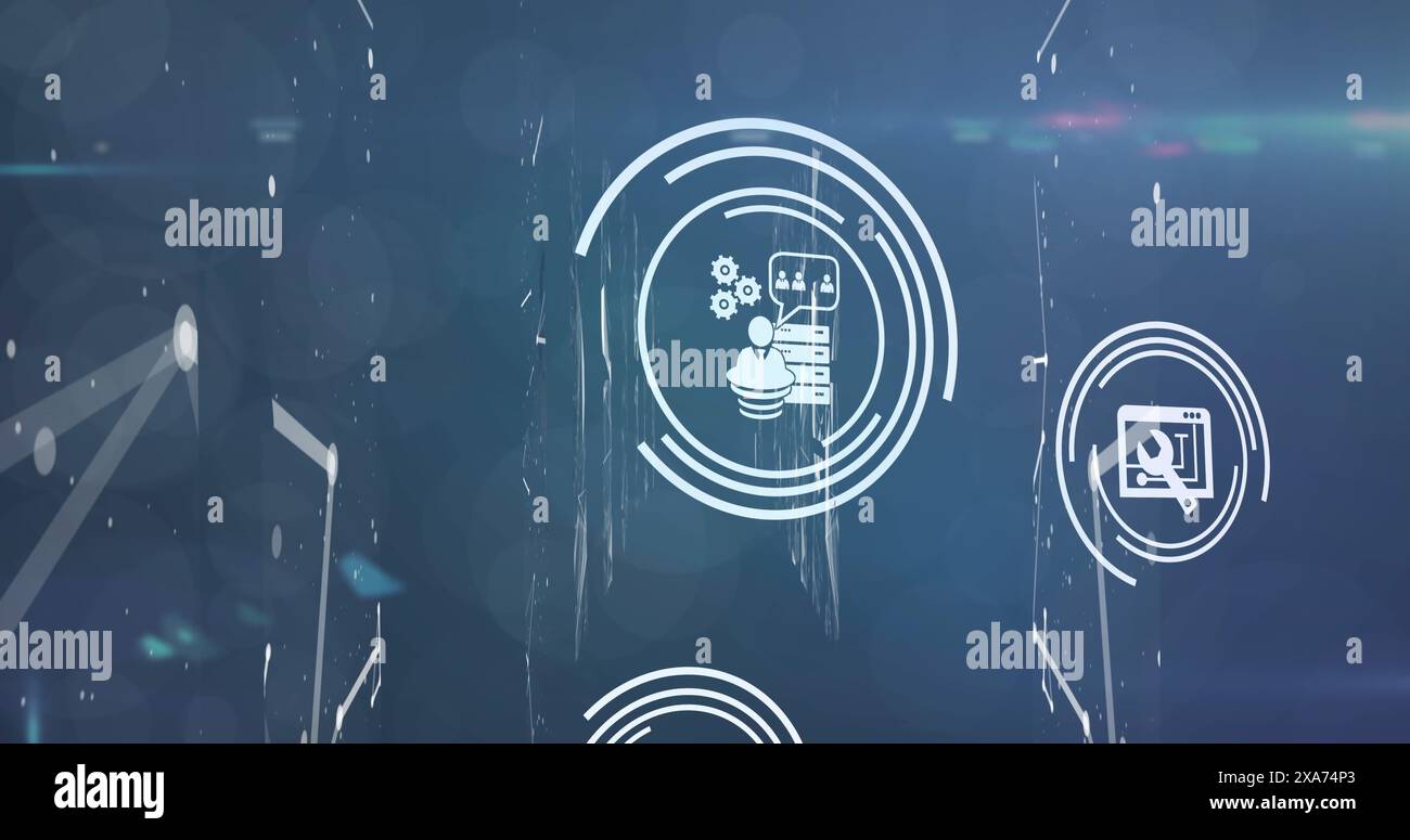 Image of multiple digital icons over light trails and light spots ...