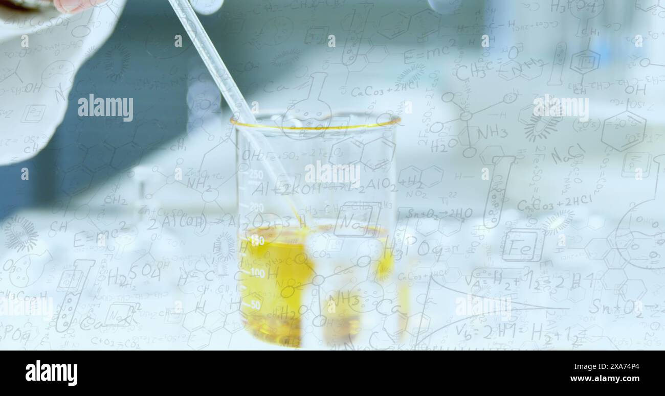 Image of chemical compounds and scientific formulas over beaker in ...