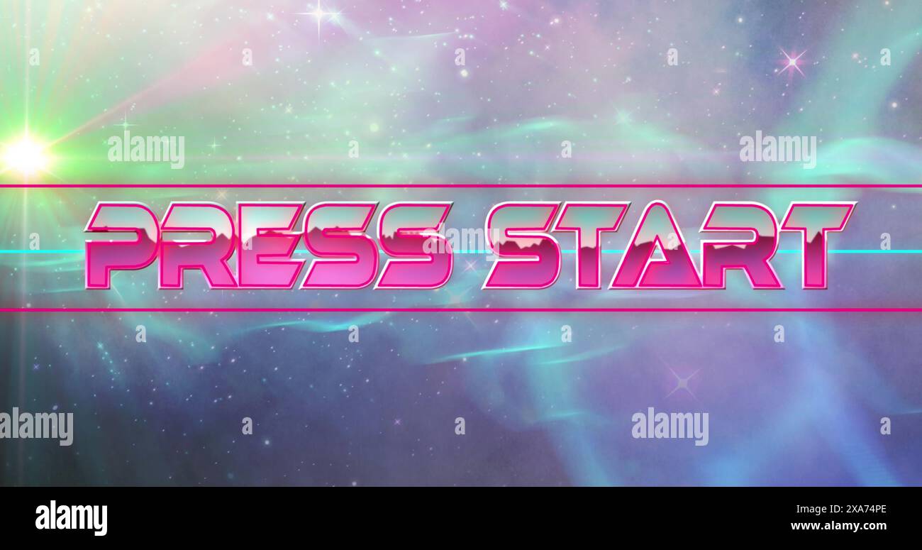 Image of press start text in metallic letters over pink and blue lines ...