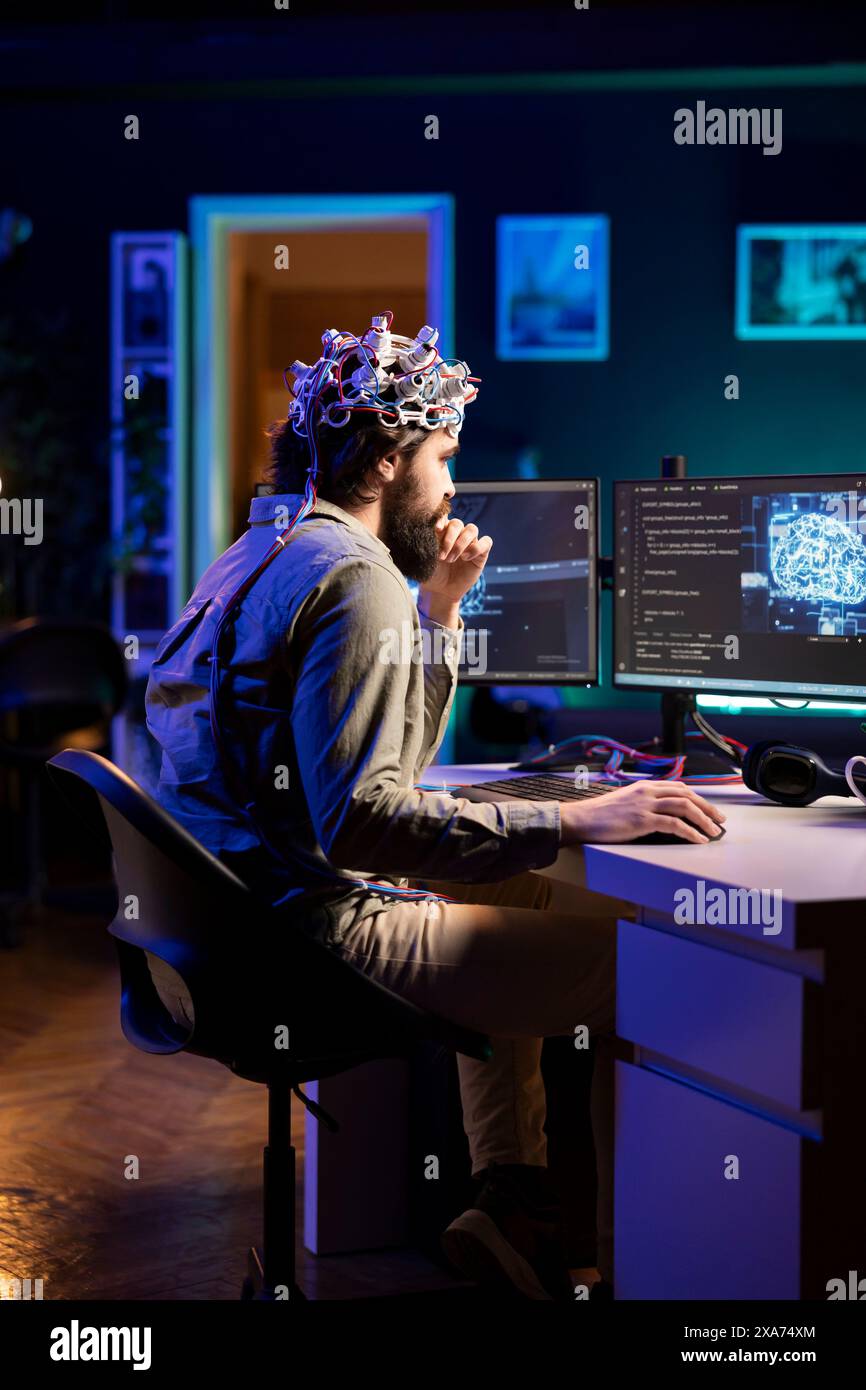 Man Puts Eeg Headset On To Transfer Mind Into Computer Virtual World