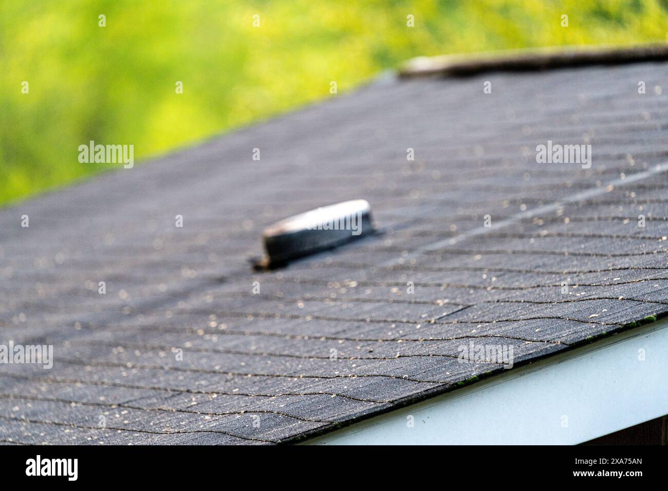 A close-up view of a residential roof featuring asphalt shingles and a ...