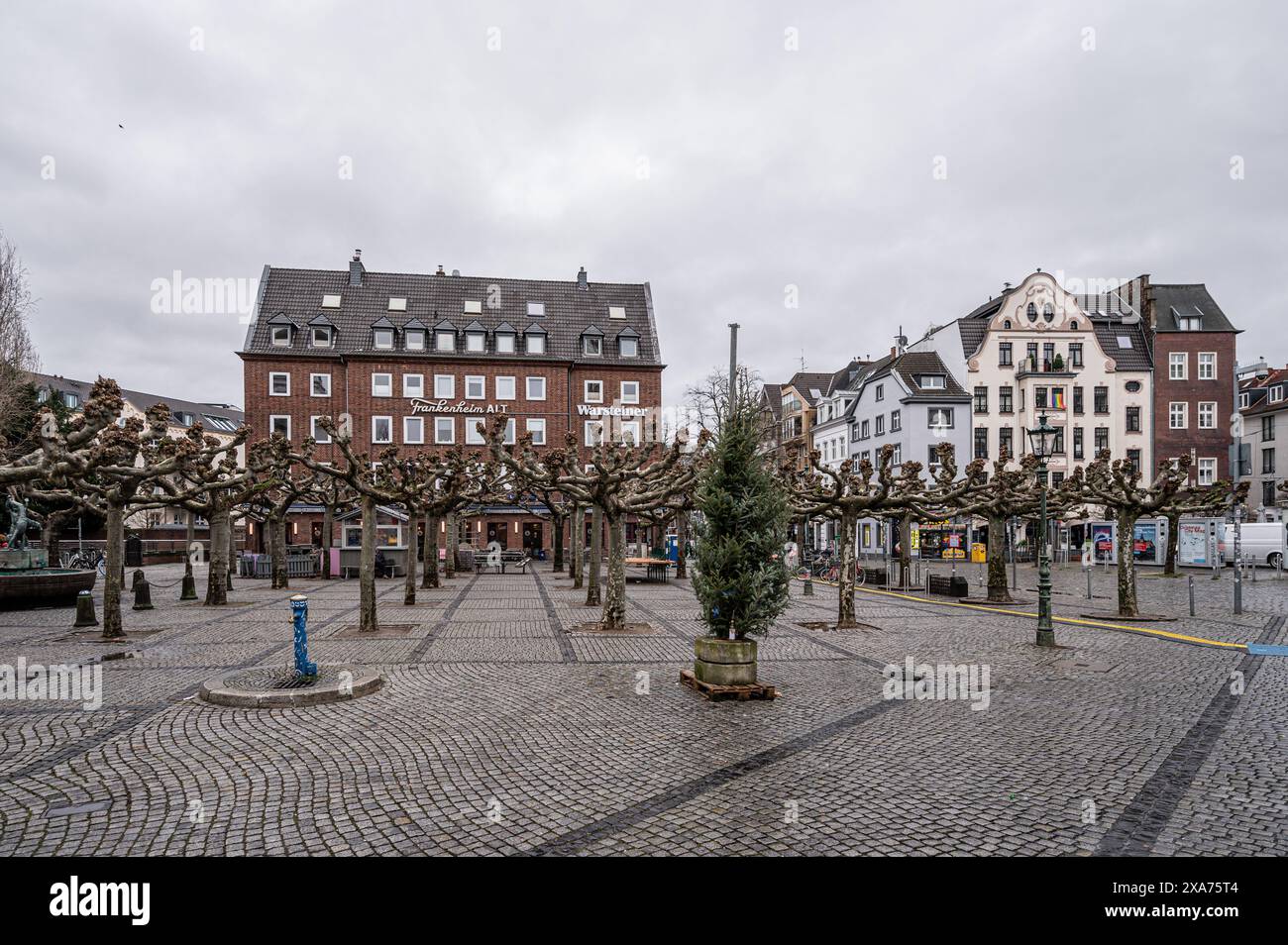 A city street with trees and historic buildings in Dusseldorf, Germany ...