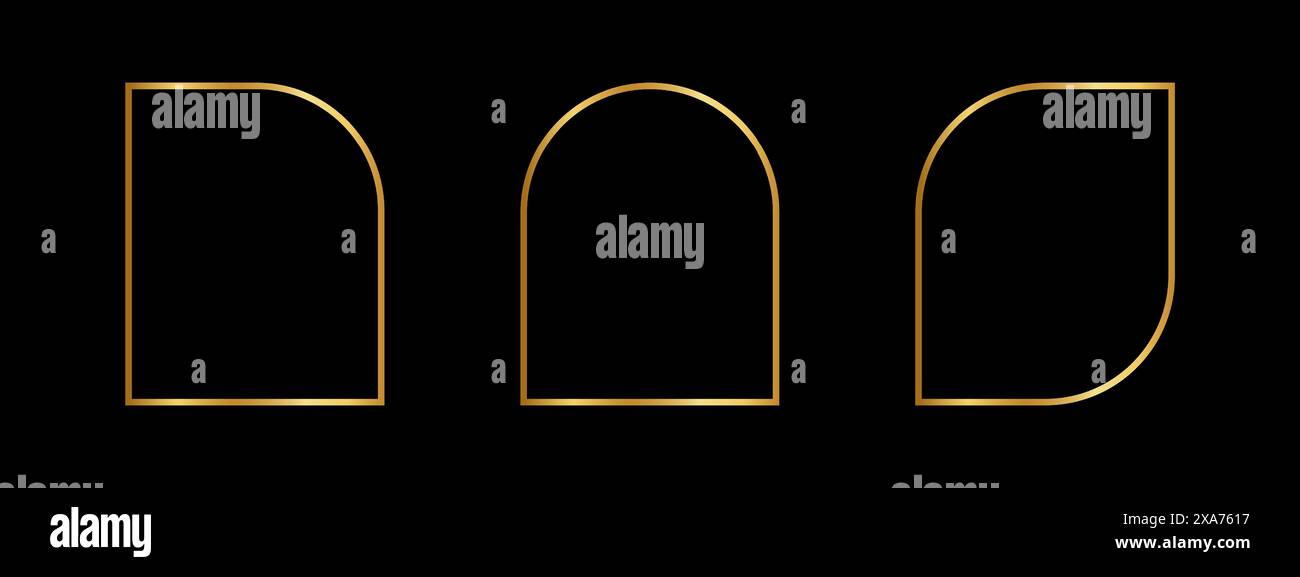 Set of golden arch, semiarch and leaf frames. Elegant gold templates in ...