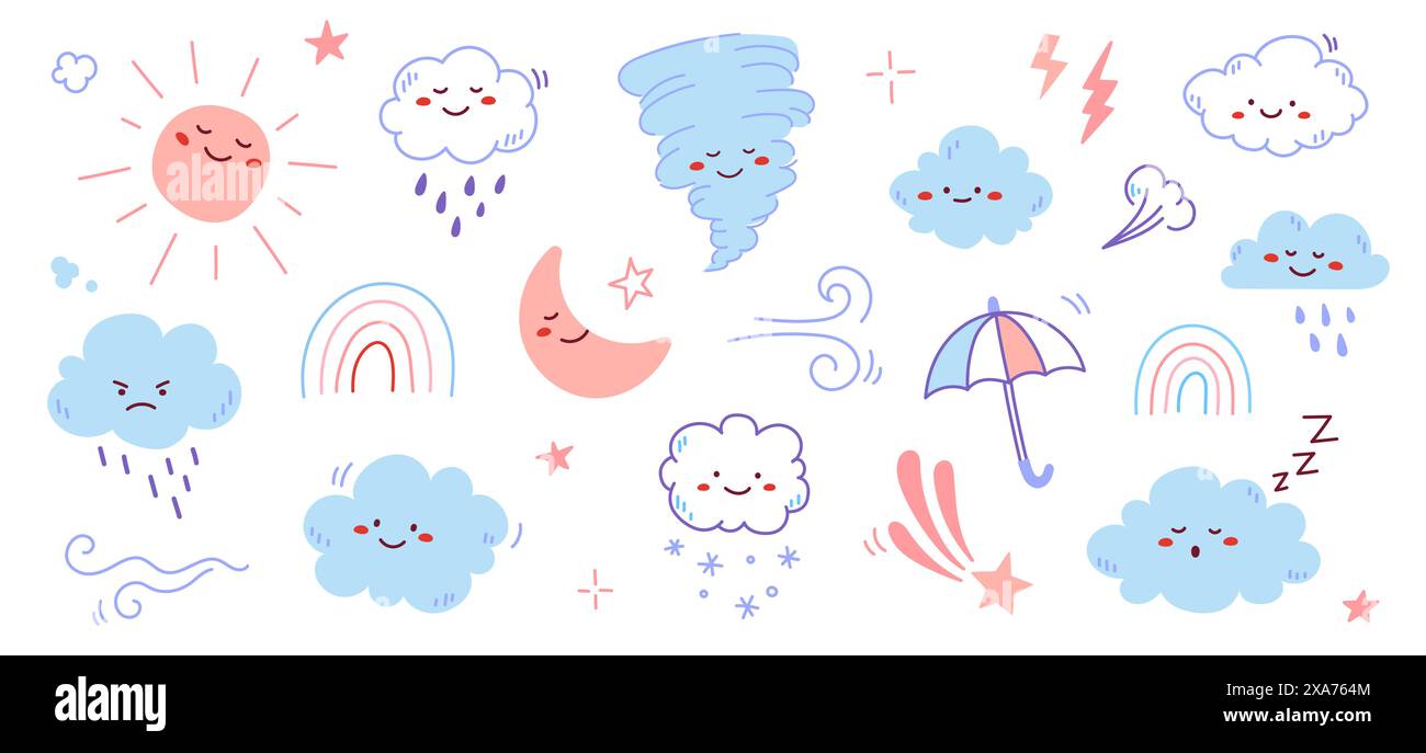 Cloud rain weather cartoon cute set. Cloud, sun, moon weather character ...