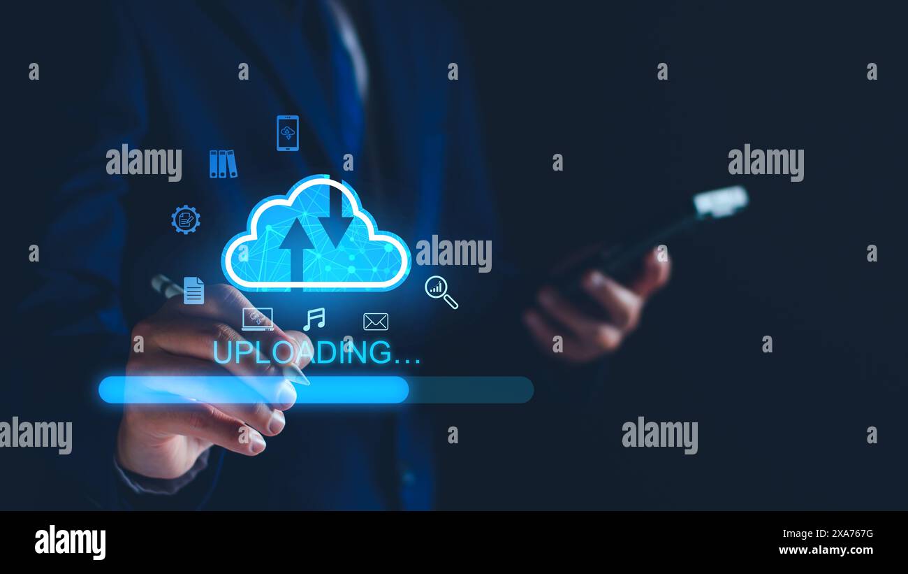 Data upload to cloud storage computing concept. Man using smartphone ...
