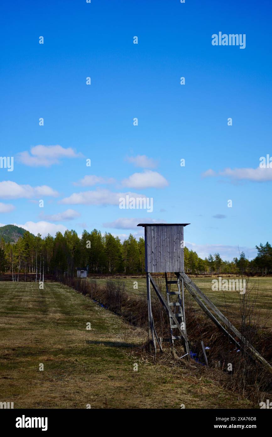 The Hunting towers overlooking a field by the road near Kleive, Norway ...