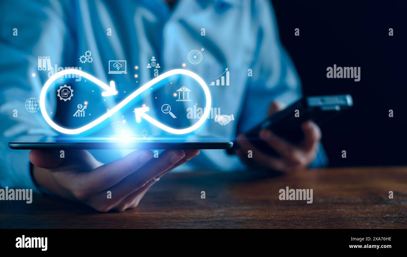 Technology infinity data link concept, Businessman Hands holding ...
