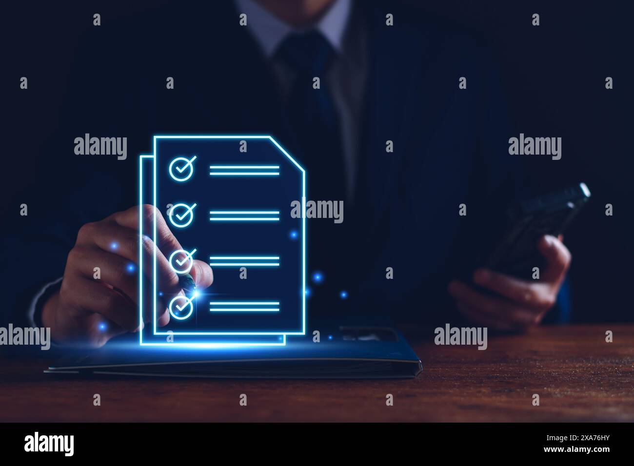 Businessman working with tablet. Checking mark up on the check boxes ...