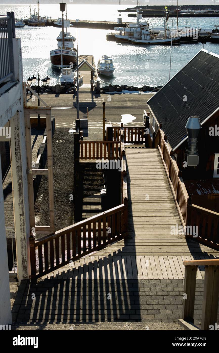 Scenic marina and water view from a high-rise platform in Husavik ...