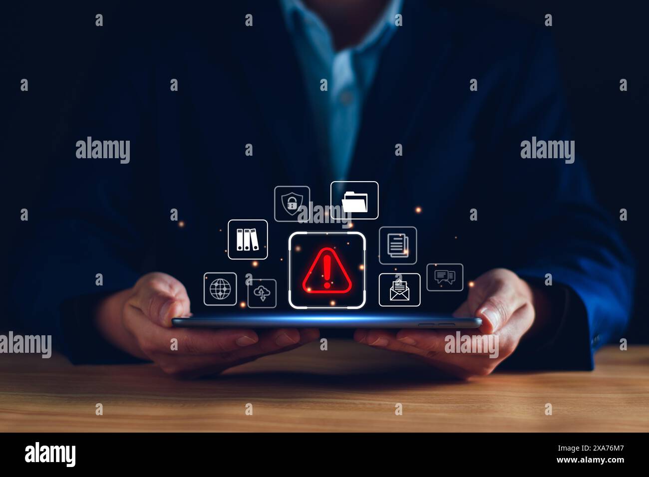 Businessman Staff Programmer Developer Using Technology With Triangle Caution Warning Sign