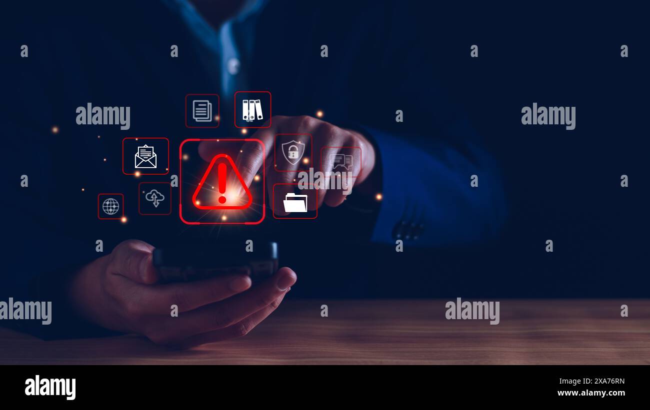 System warning hacked alert, cyber attack on computer network. programmer, Businessman staff ...