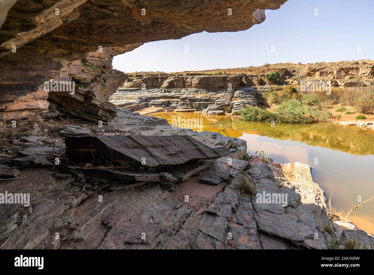 North Africa, Morocco, Guelmim, Oued Noun, river with interesting rock ...