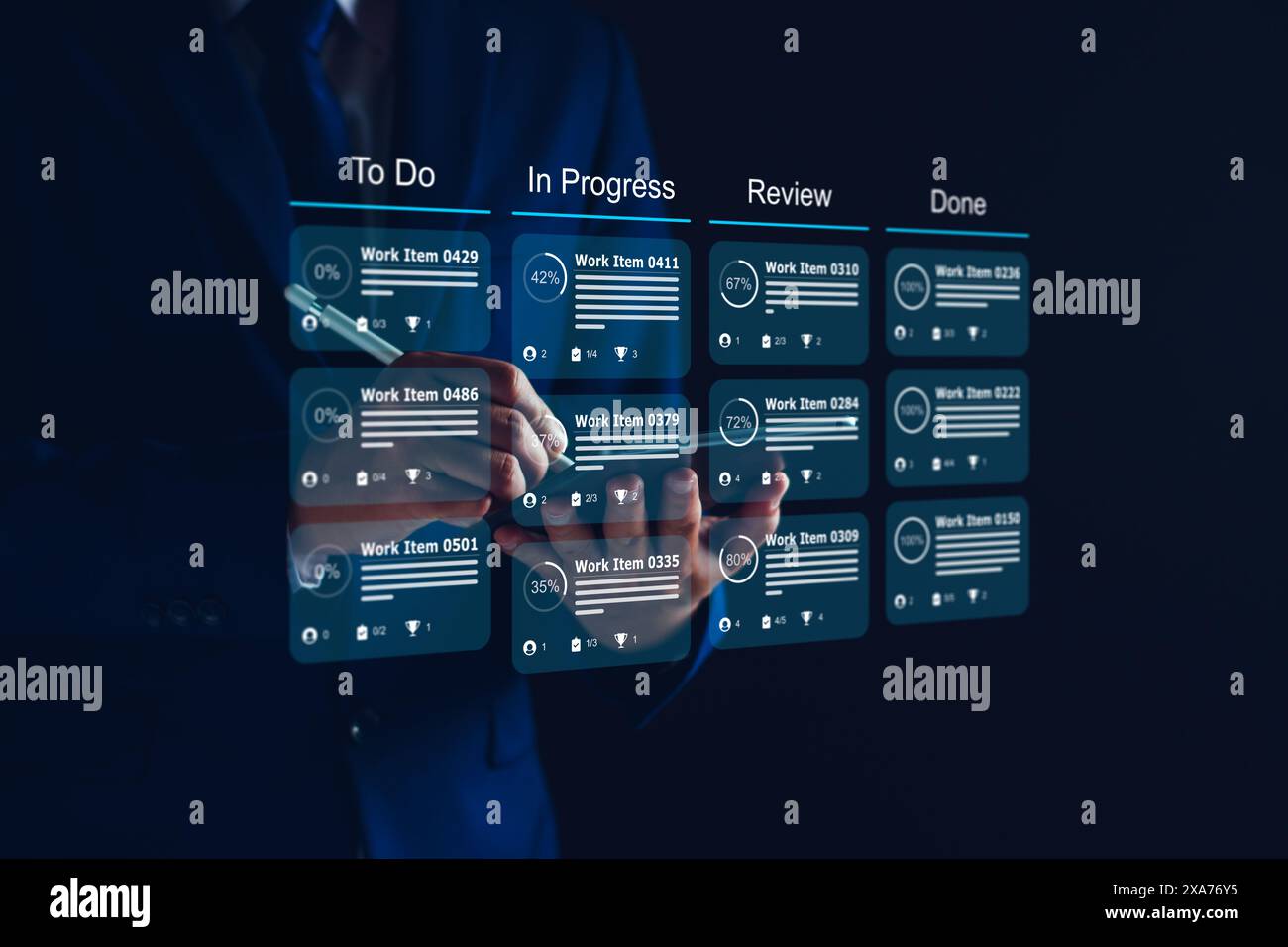 Agile software development or project management using kanban or scrum methodology boards on ...