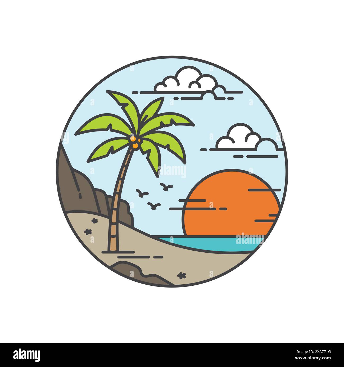 Tropical island flat design with outline. summer concept with palm ...