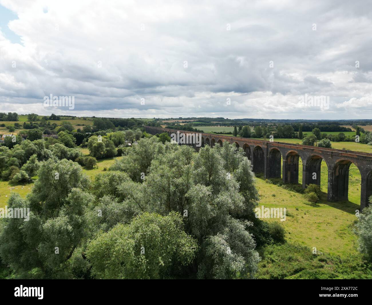 An aerial of the beautiful bridge in Viaduct in Southern England ...