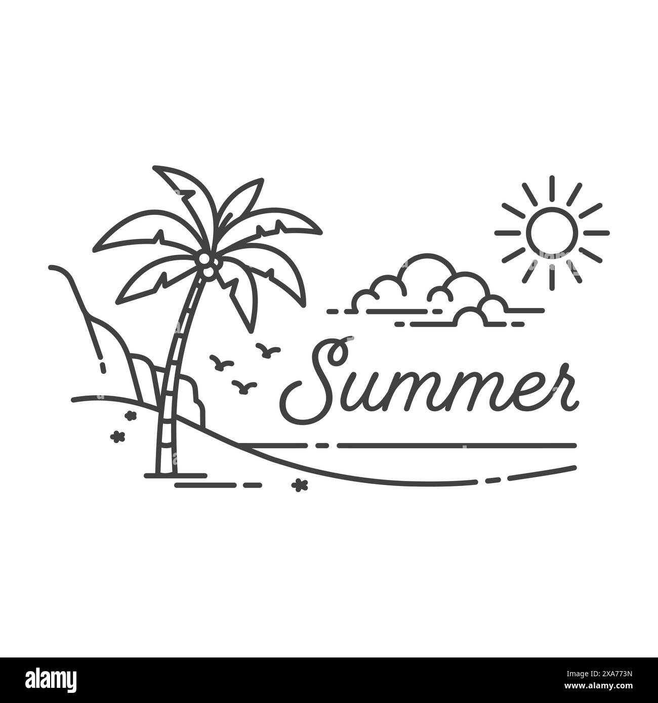Summer tropical island line art design. Palm tree and beach design with ...