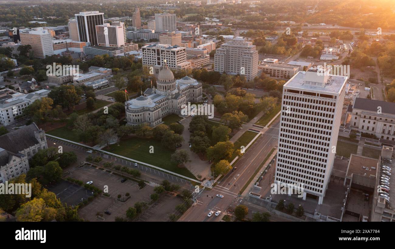 Jackson, Mississippi, USA - April 23, 2024: Sunset light shines on the ...