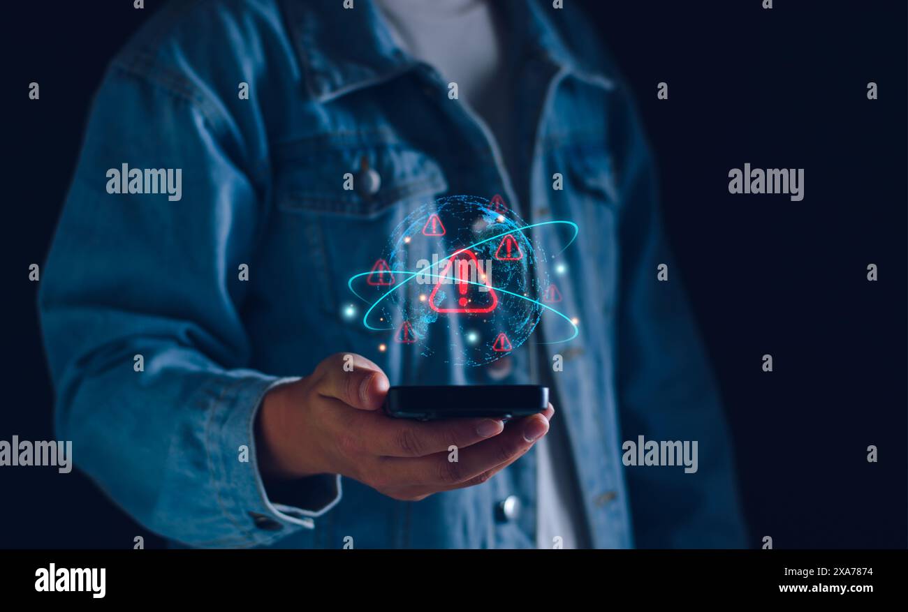 System warning hacked alert, cyber attack on computer network ...