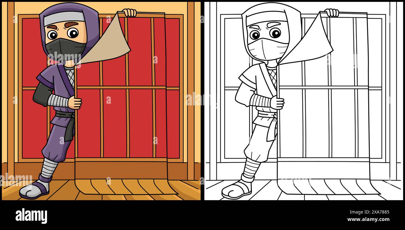 Ninja Hiding Coloring Page Colored Illustration Stock Vector Image ...