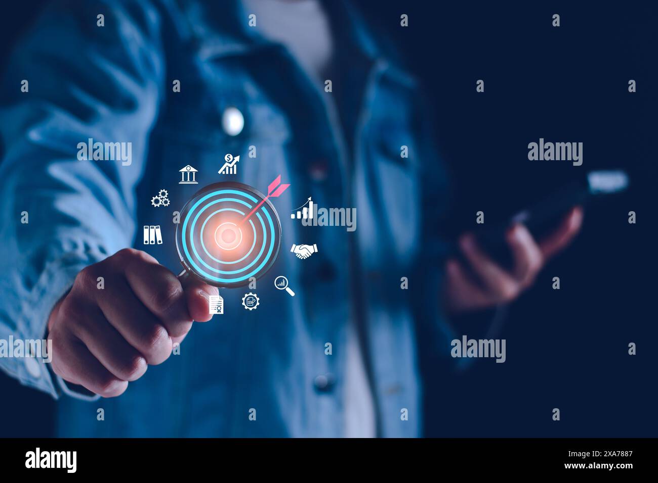 Target, Goal, strategies for success, Businessman using magnifying ...