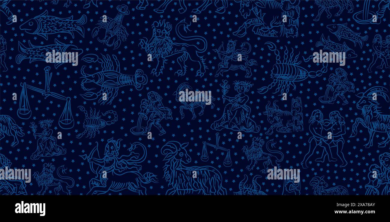 Beautiful hand drawn zodiag symbols in medieval style with stars ...