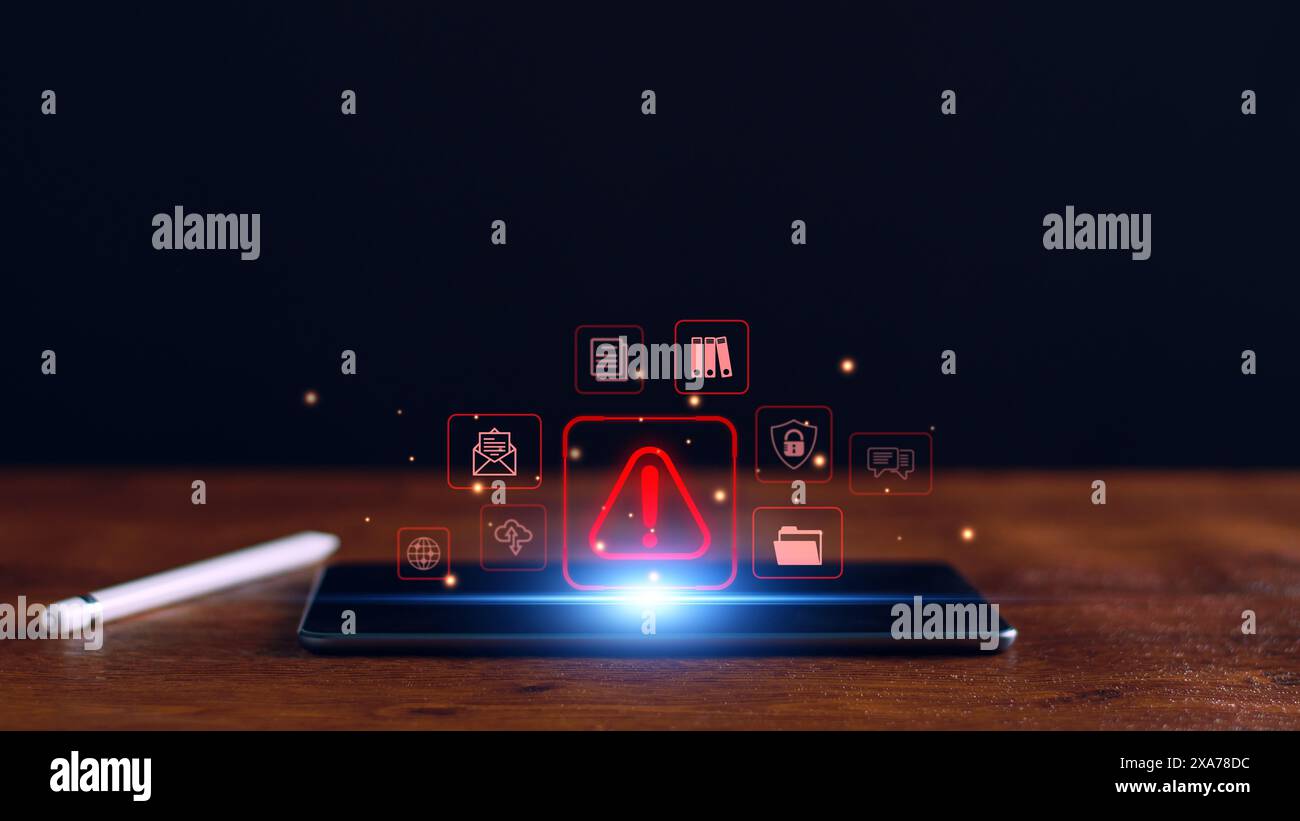 System warning hacked alert, cyber attack on computer network ...