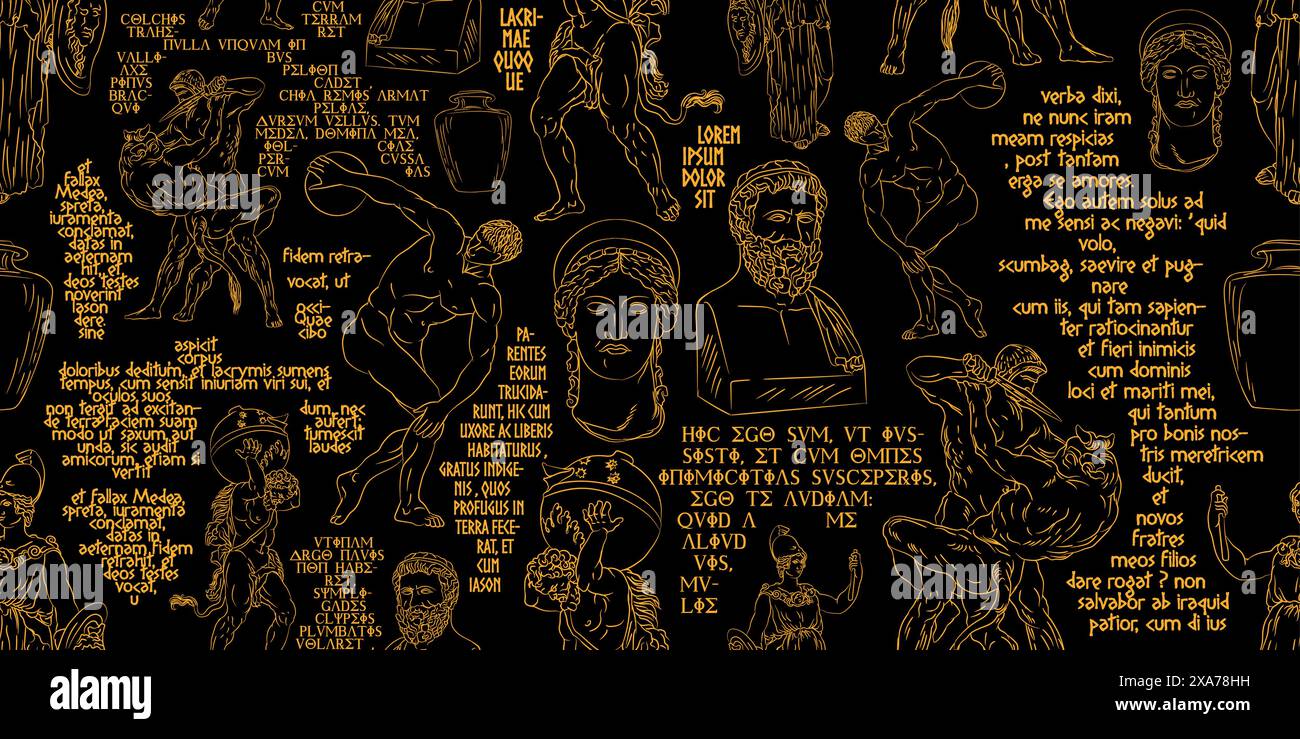 Beautiful ancient greek culture elements golden figures seamless ...