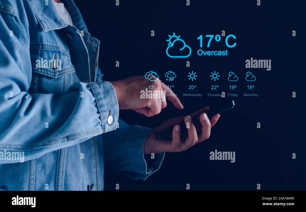 Hands holding smartphone with Weather forecast widget concept. cloudy ...