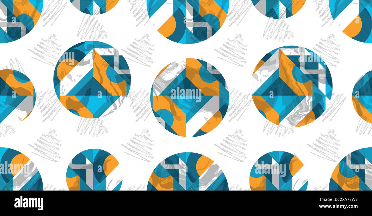 Beautiful blue and yellow circle seamless pattern with hand drawing zig ...