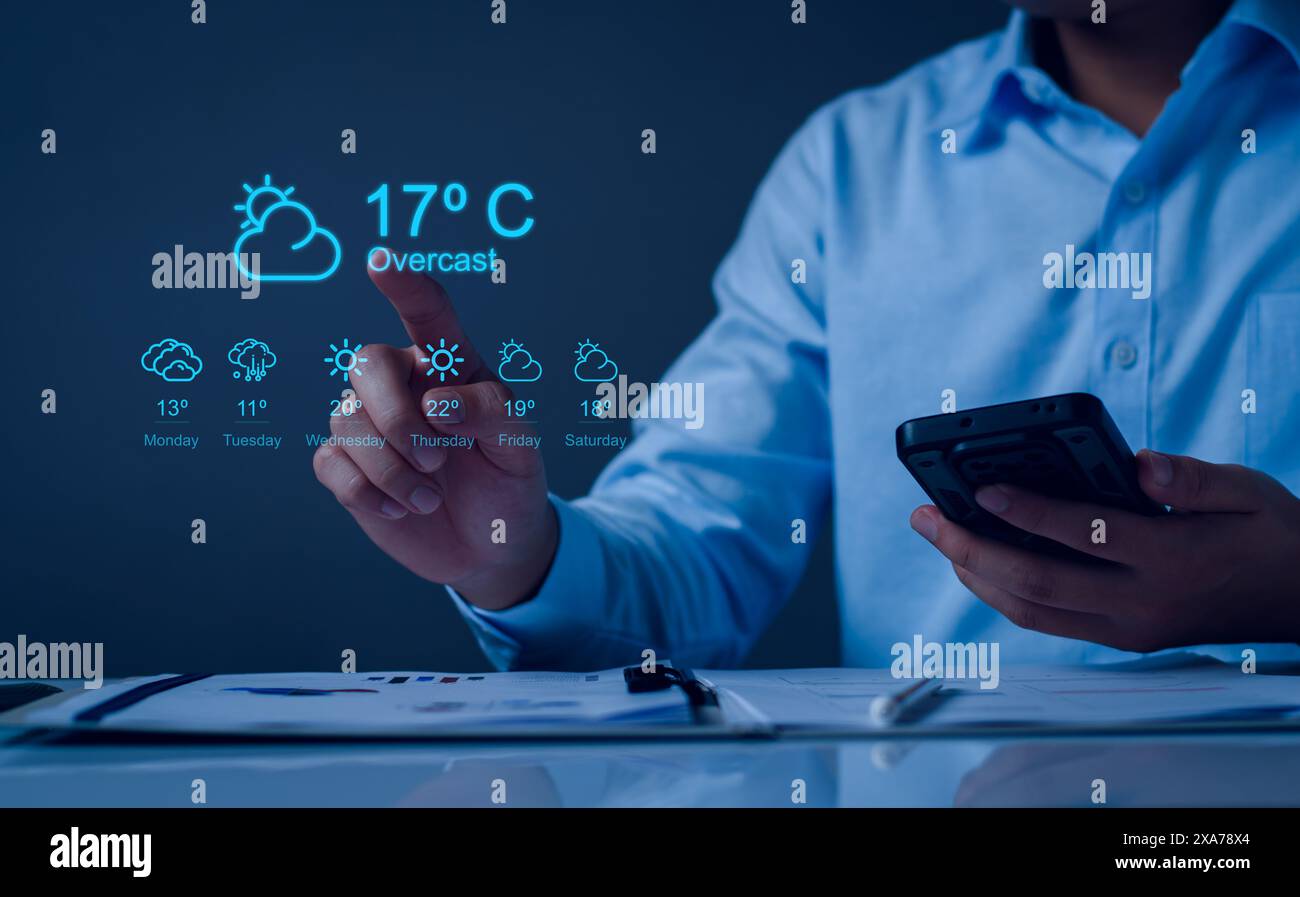Hands holding smartphone with Weather forecast widget concept. cloudy ...