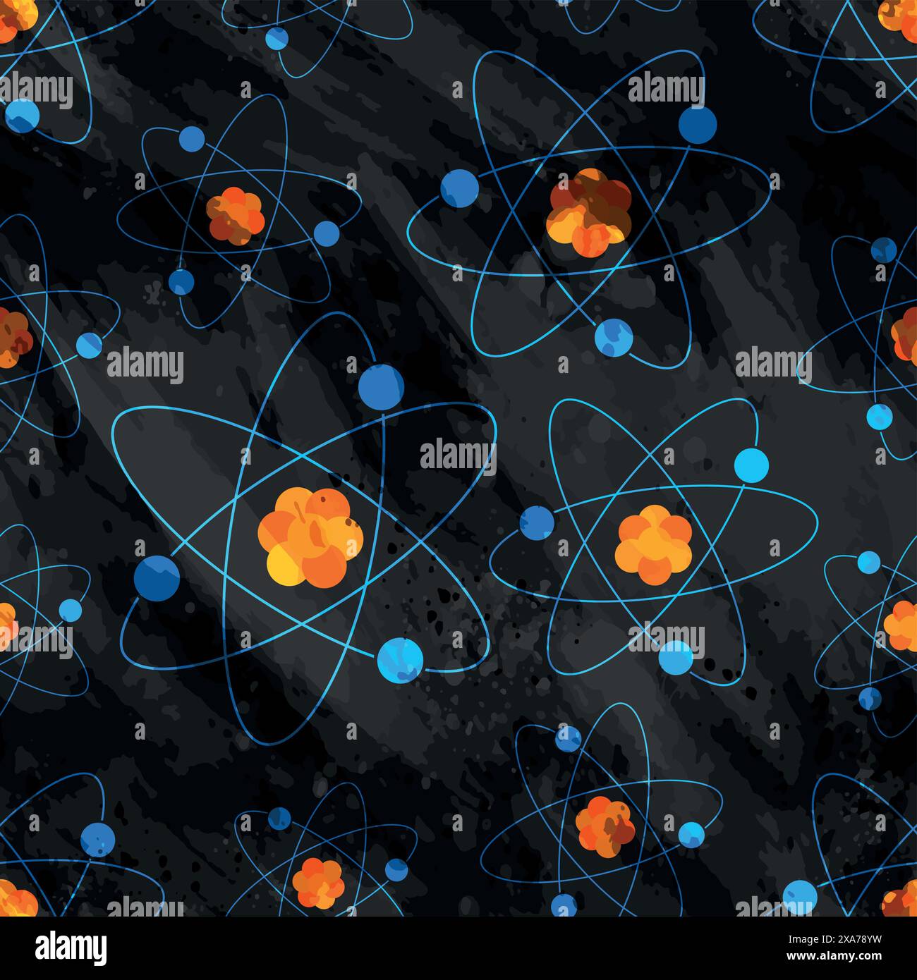 Blue and orange atoms over dark water color seamless pattern at ...