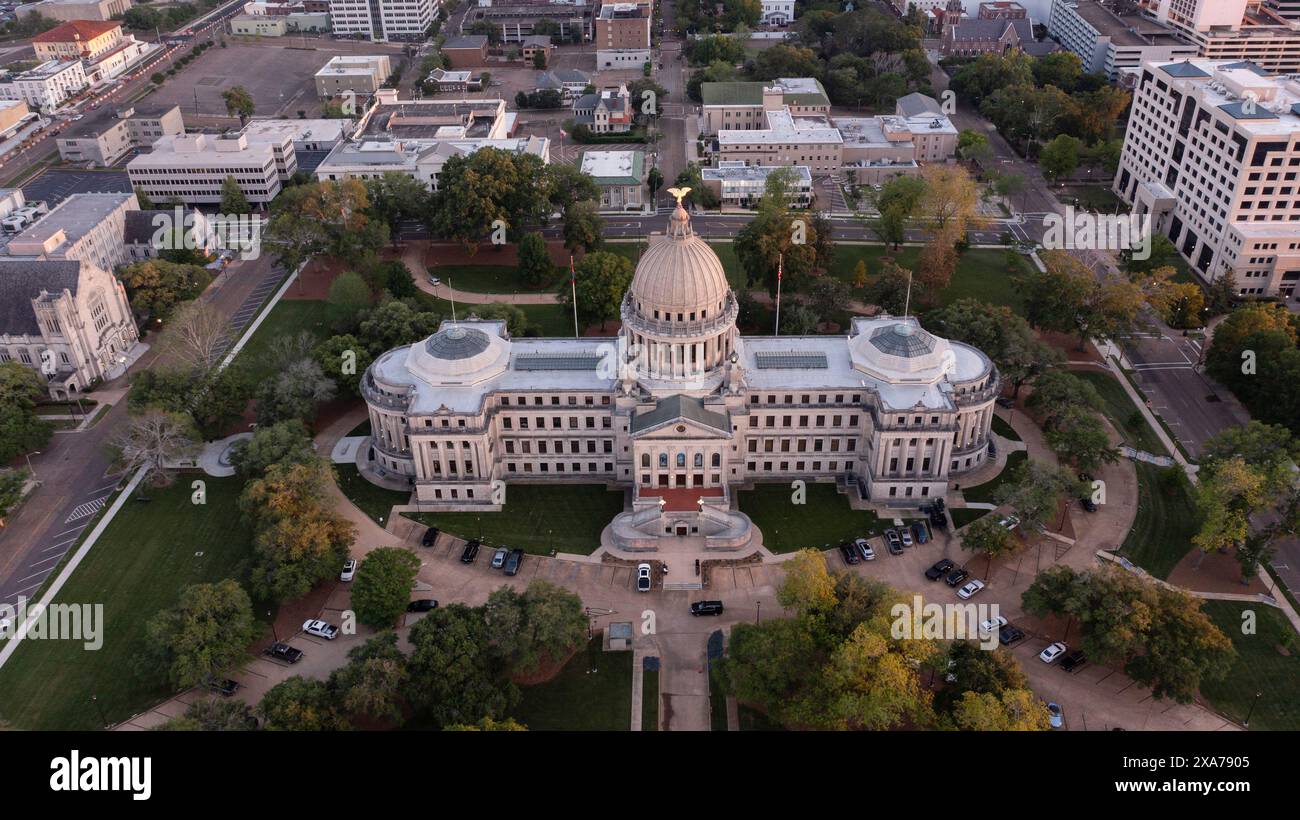 Jackson, Mississippi, USA - April 23, 2024: Sunset light shines on the ...
