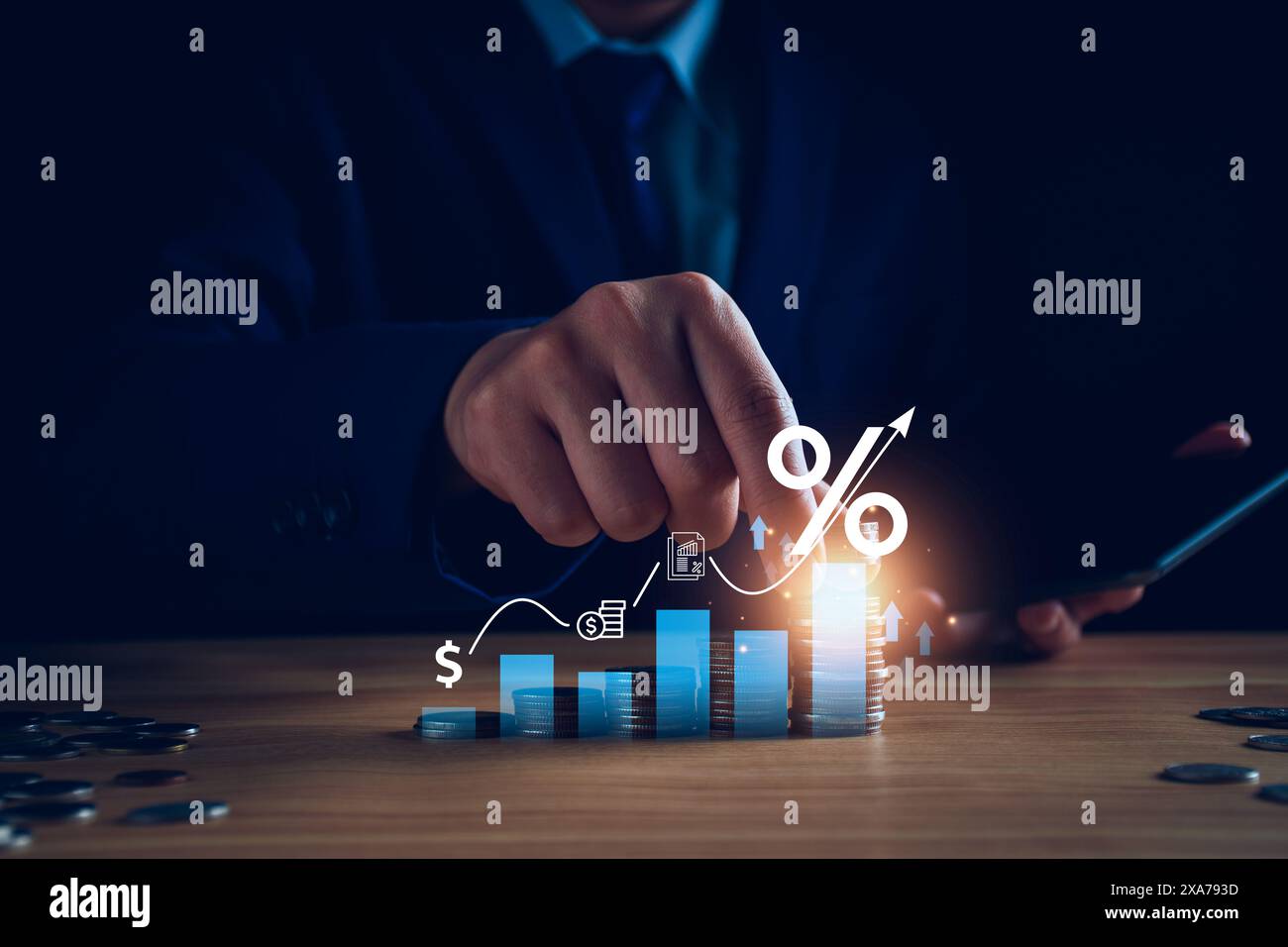 Interest rate and dividend concept. Businessman with percentage symbol ...