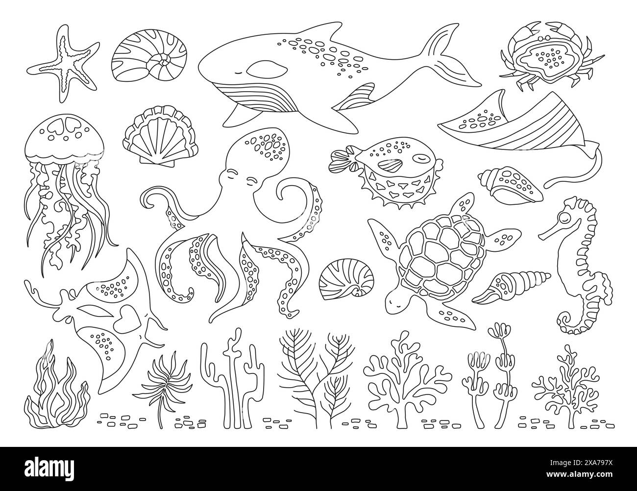 Ocean sea animals doodle outline set. Marine funny comic cartoon design ...