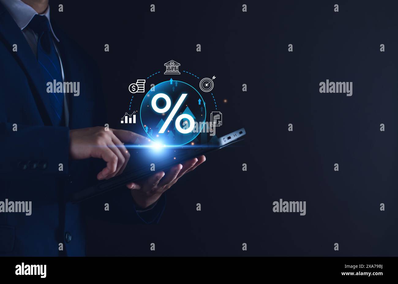 Interest rate and dividend concept. Businessman with percentage symbol ...