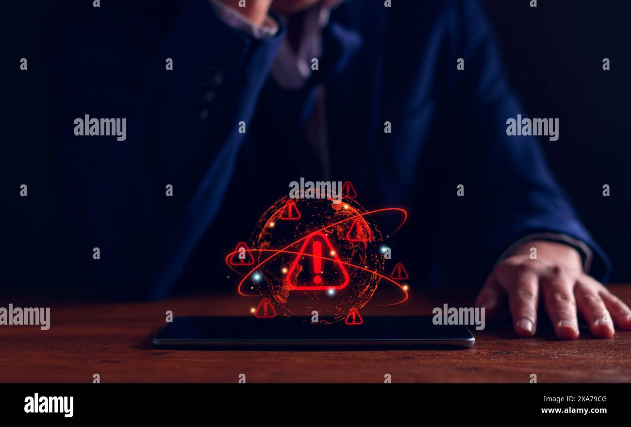 System warning hacked alert, cyber attack on computer network ...