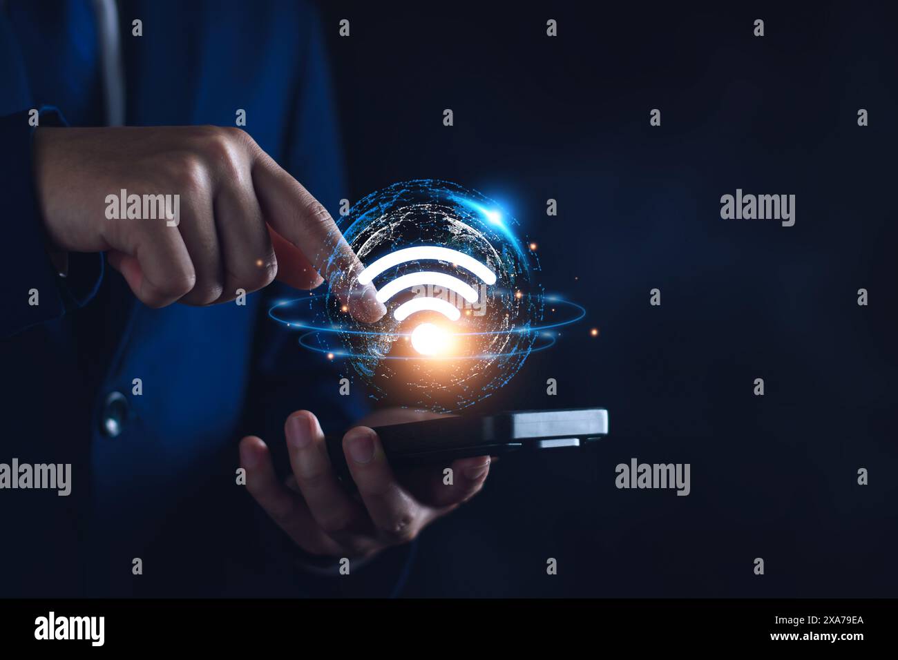 Wifi internet access concept. man using smartphone connect ...