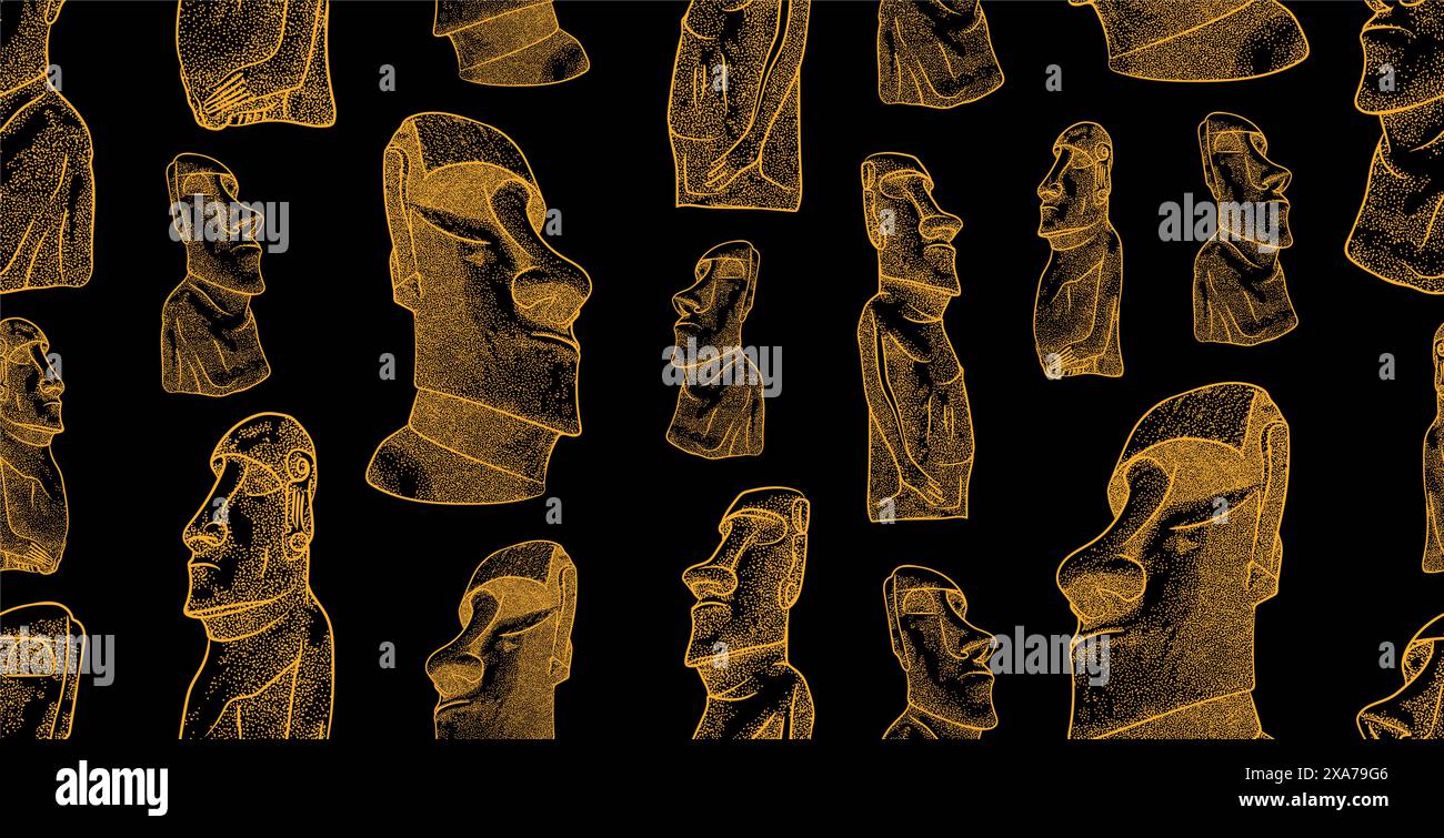 Golden indigenous moais heads seamless pattern with black background ...