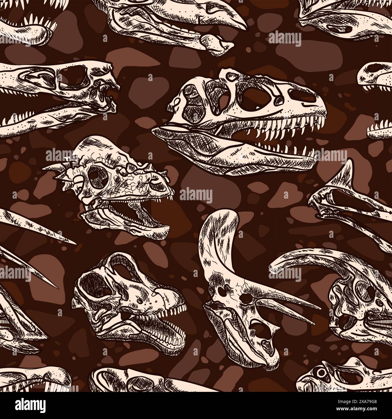 Dinosaurs fossils skull heads sketch seamless pattern over a stoned ...