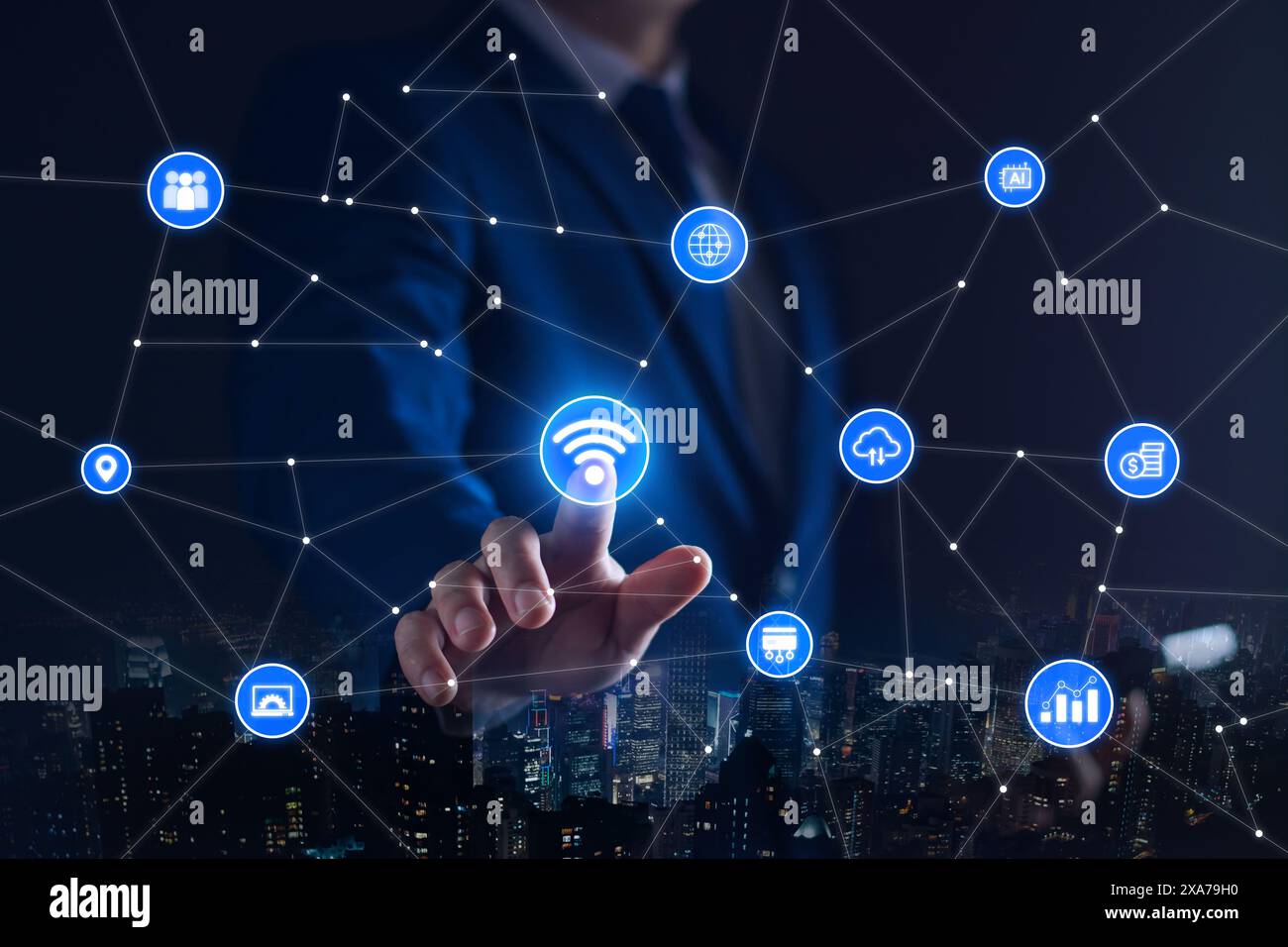 Smart business IOT, internet of things concept. Businessman touching ...