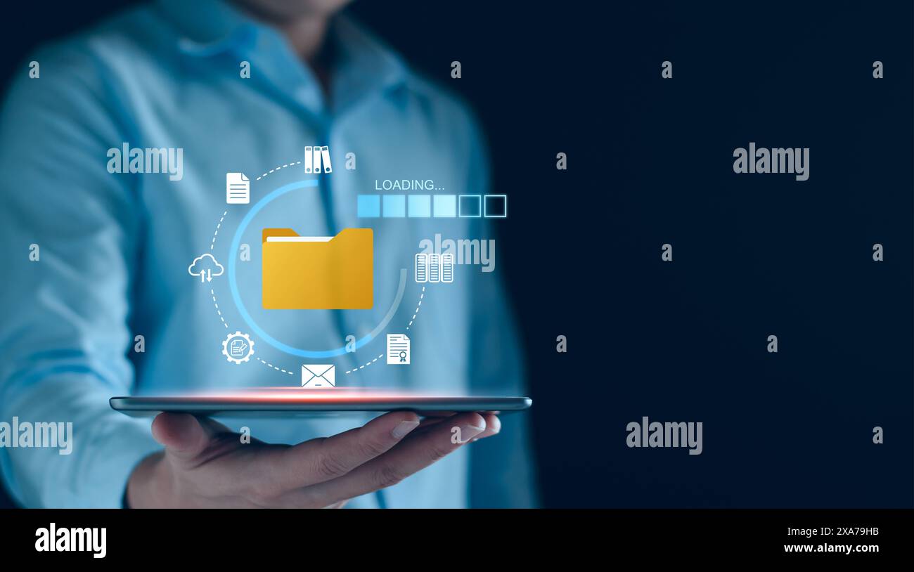 Document management and network system concept. Businessman use smart ...