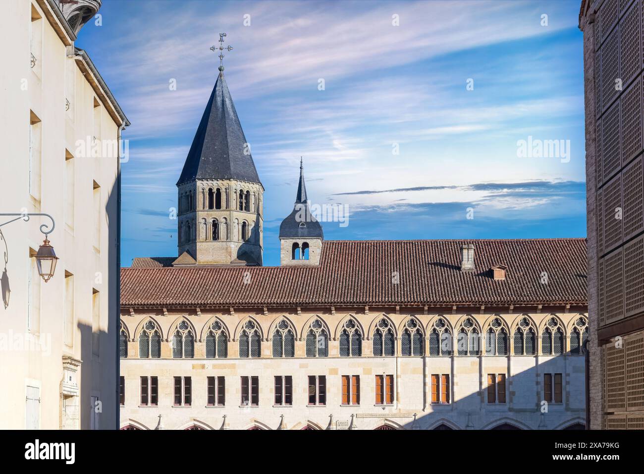 The tower of the historic Cluny Abbey monastery in Burgundy, France at ...