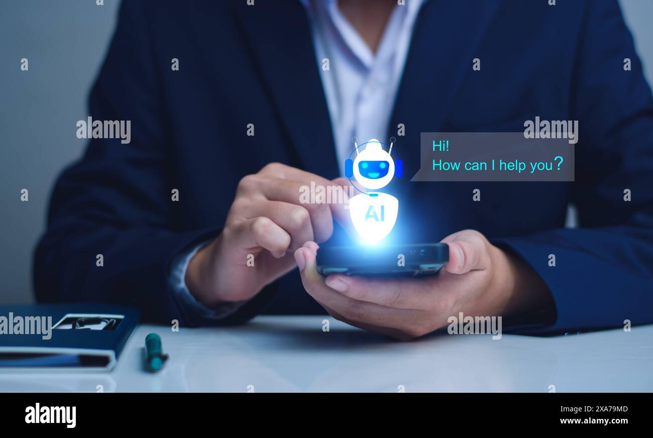 Chat bot concept. AI, Artificial Intelligence. businessman using ...