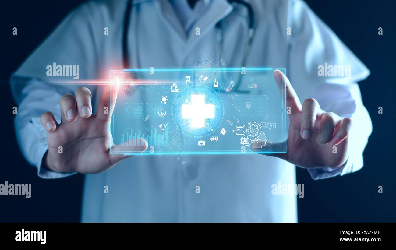 Medicine doctors diagnosis and take note electronic medical record. DNA ...